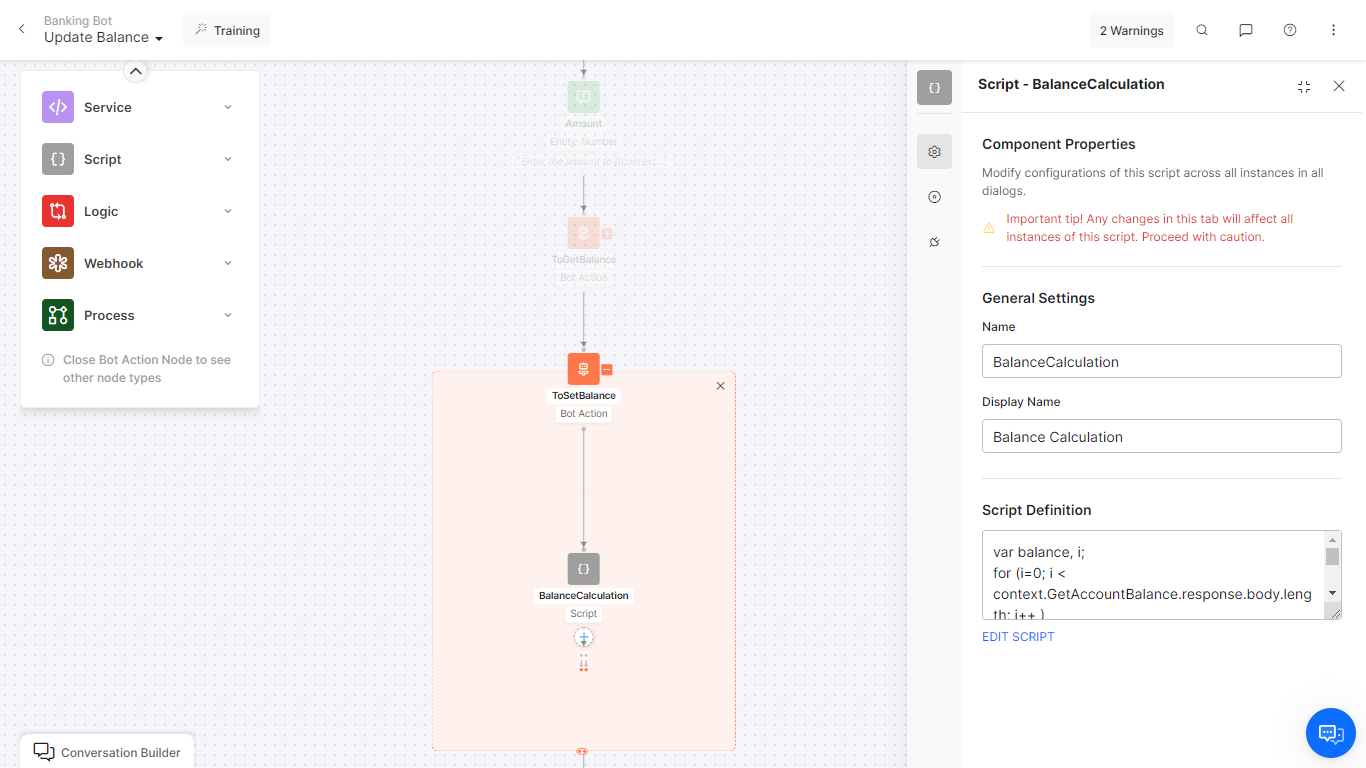 Banking Bot - Update Balance - Kore.ai Documentation v9.0