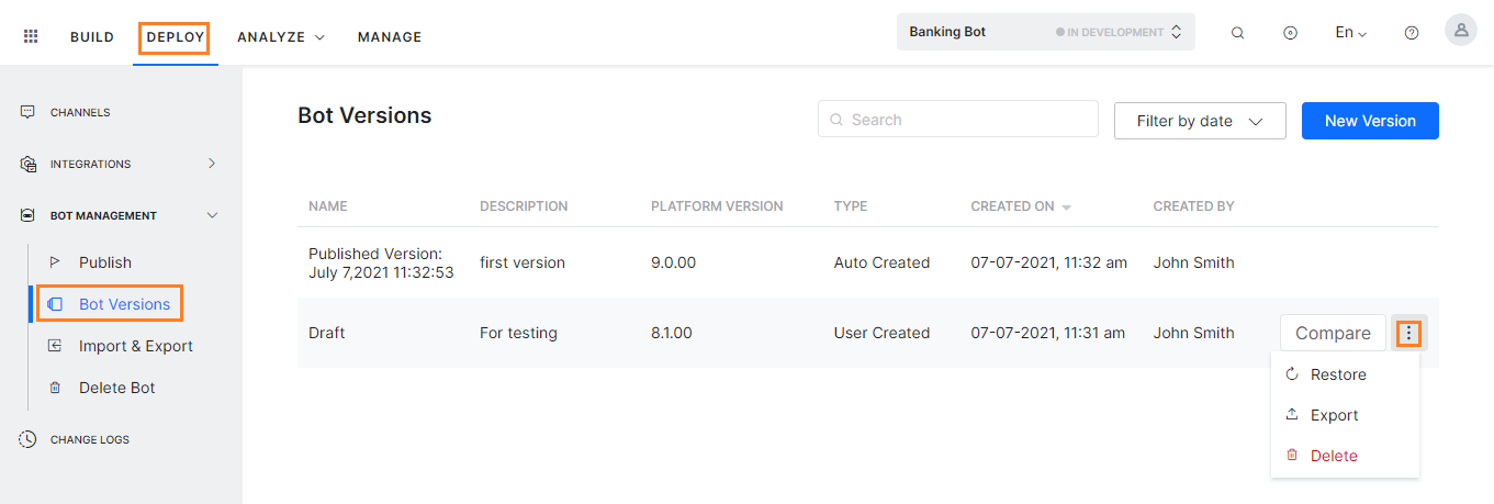 Bot Versioning - Kore.ai Documentation v9-1