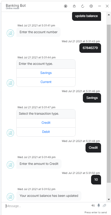 Banking Bot - Update Balance - Kore.ai Documentation v9-1
