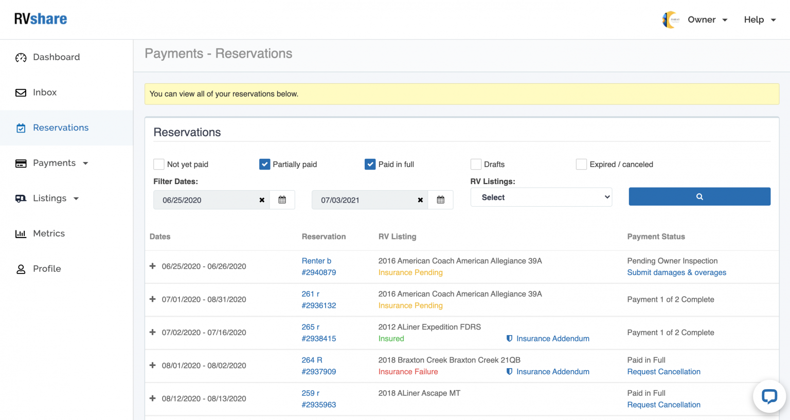 Reservations overview | RVshare Owner Toolkit